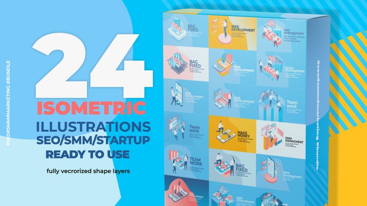 AE模板|24套办公健身网络推广MG动画视频模板包#24 Isometric SEO SMM Illustration Pack - 幕后Muhou